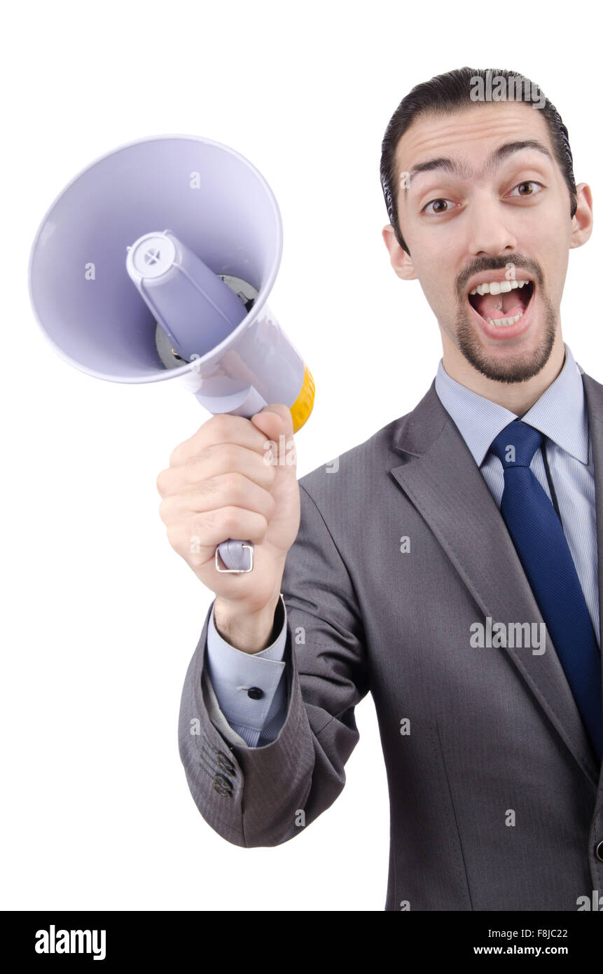 Man shouting and yelling with loudspeaker Stock Photo - Alamy