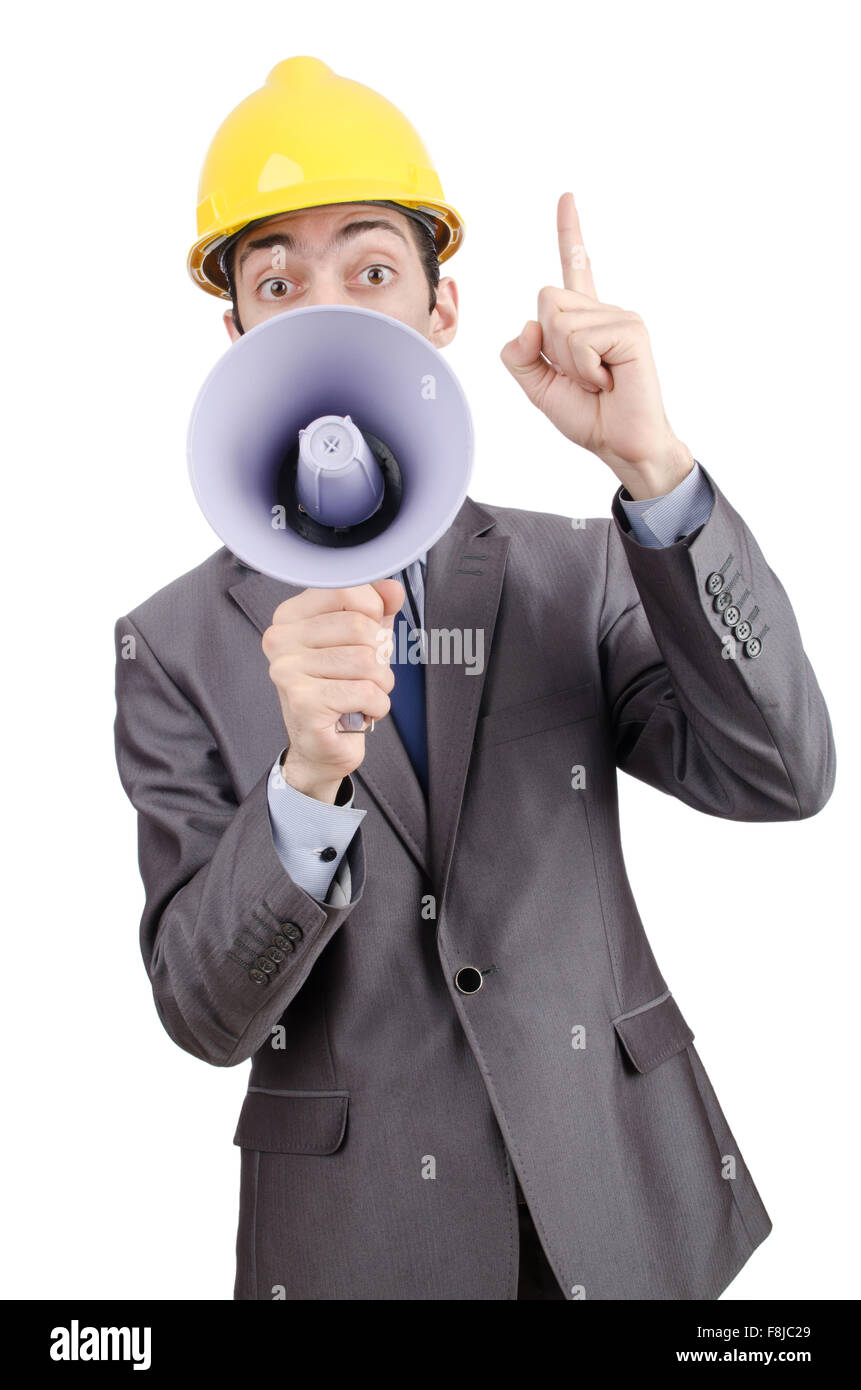 Man shouting and yelling with loudspeaker Stock Photo - Alamy