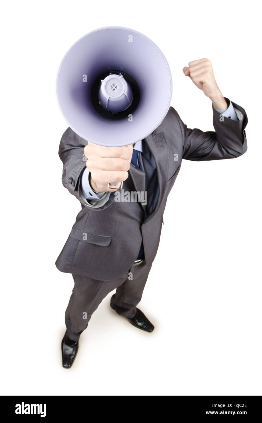Man shouting and yelling with loudspeaker Stock Photo - Alamy