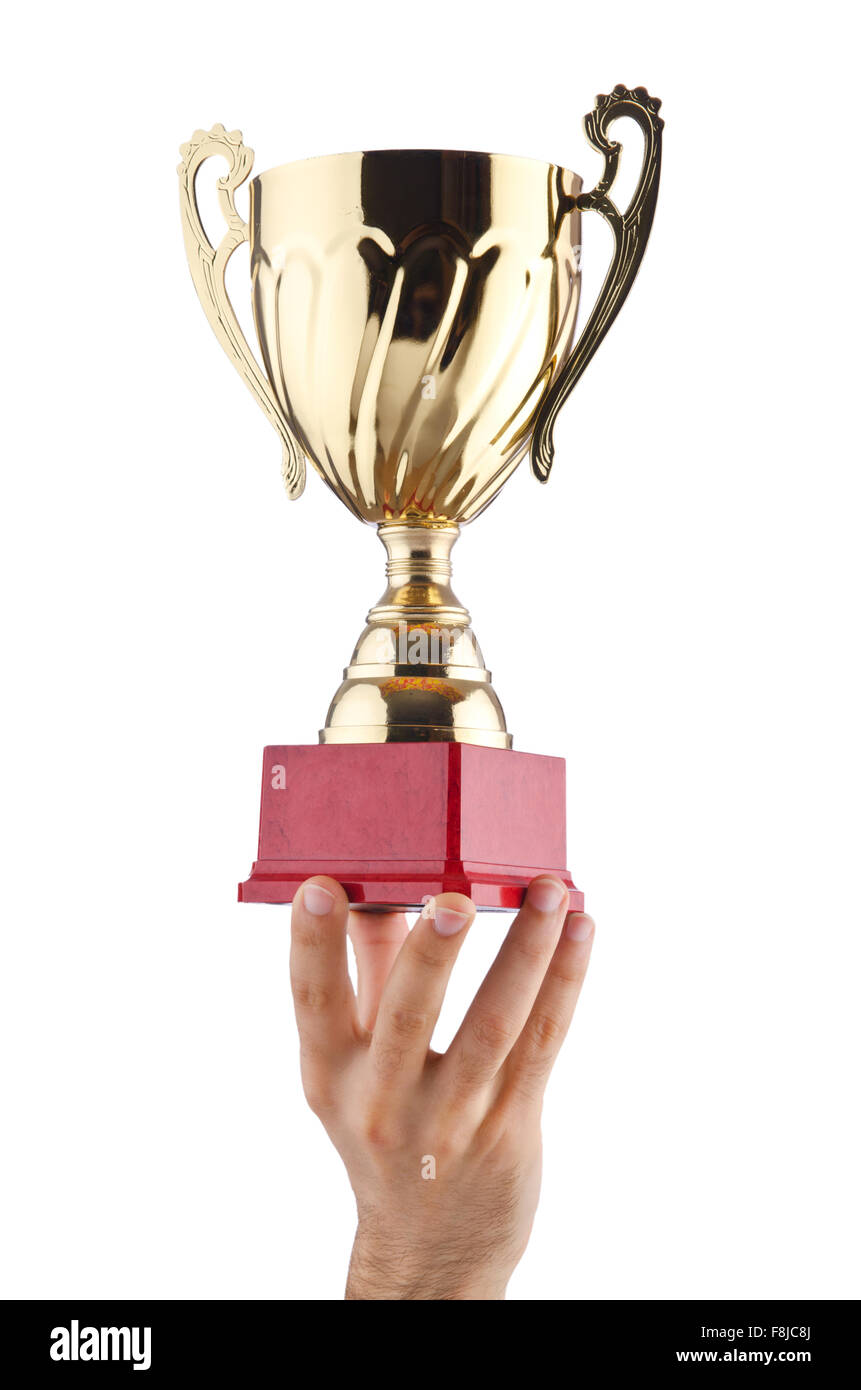 Hands with winners cup on white Stock Photo - Alamy