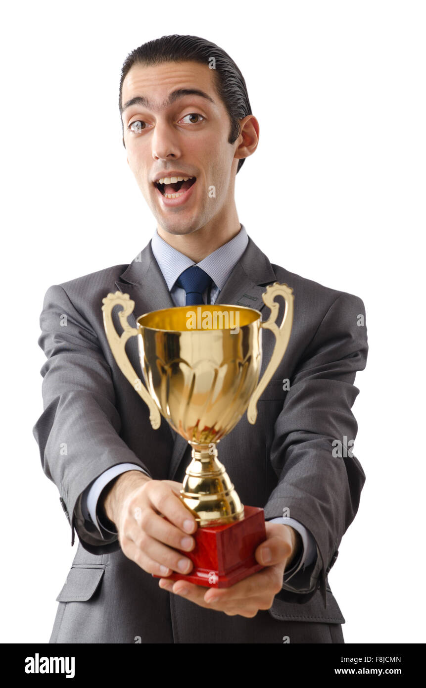 Man being awarded with golden cup Stock Photo - Alamy