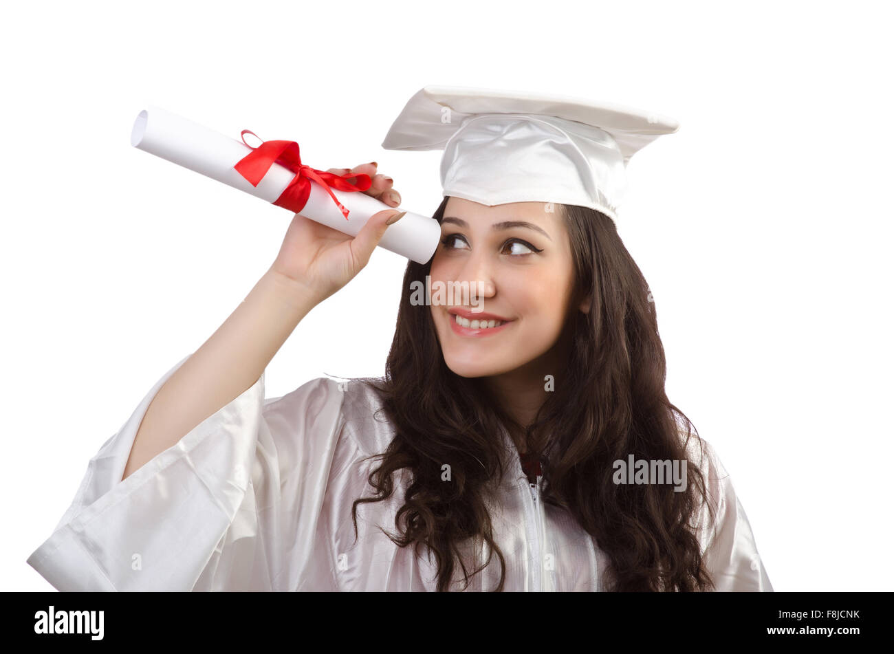 Happy graduate on white background Stock Photo - Alamy