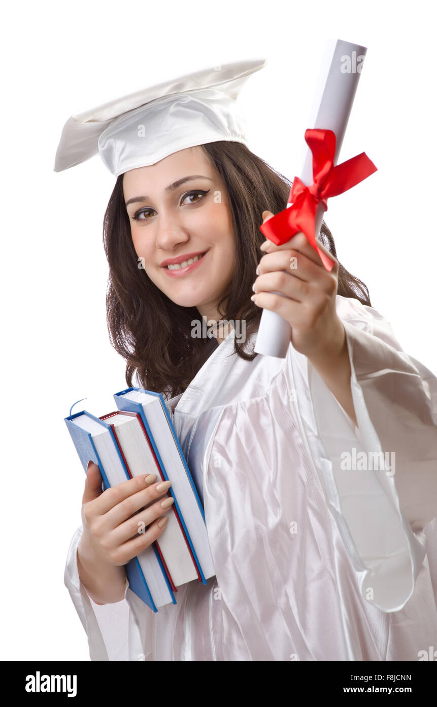 Happy graduate on white background Stock Photo - Alamy