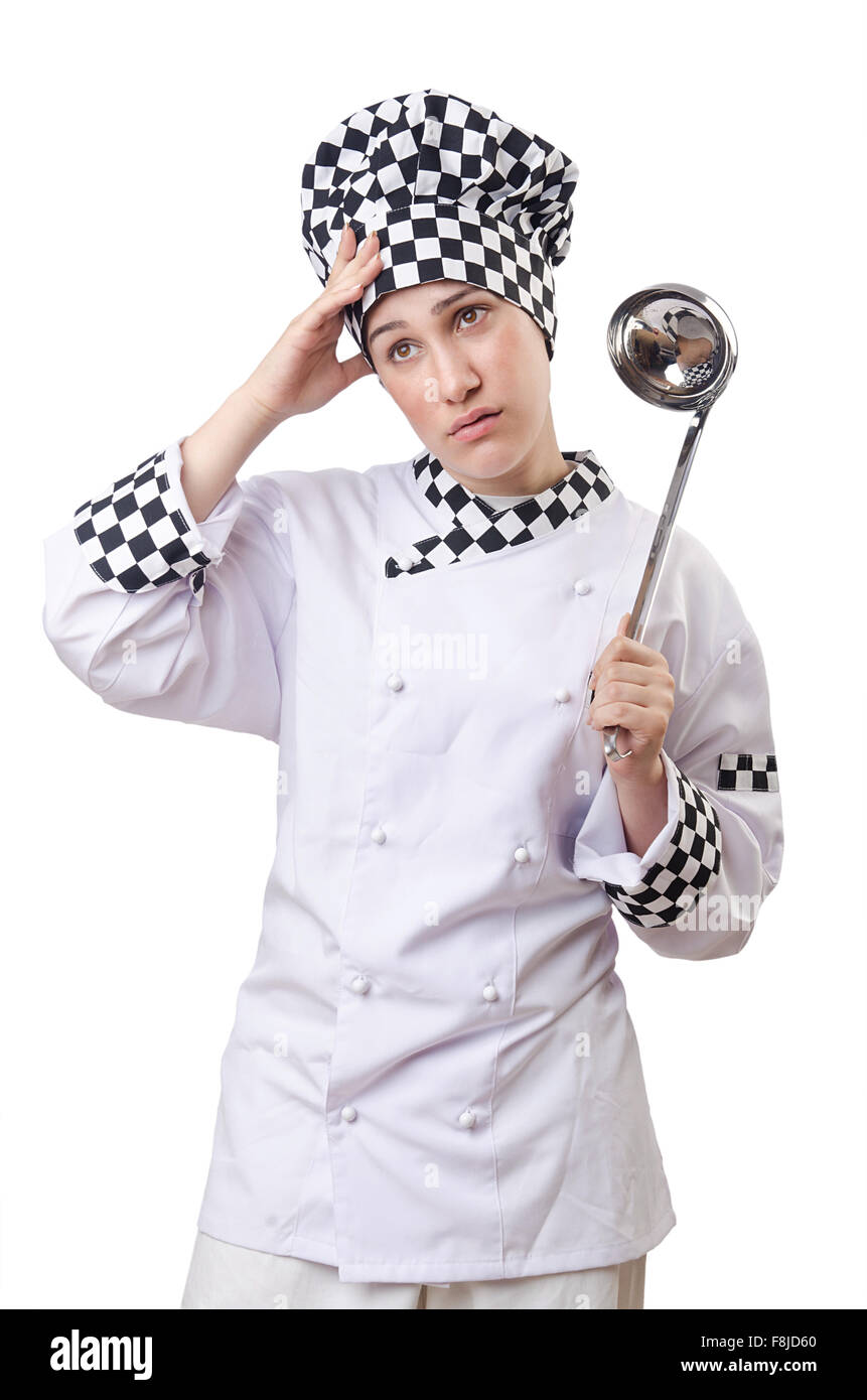 Woman cook with ladle on white Stock Photo - Alamy