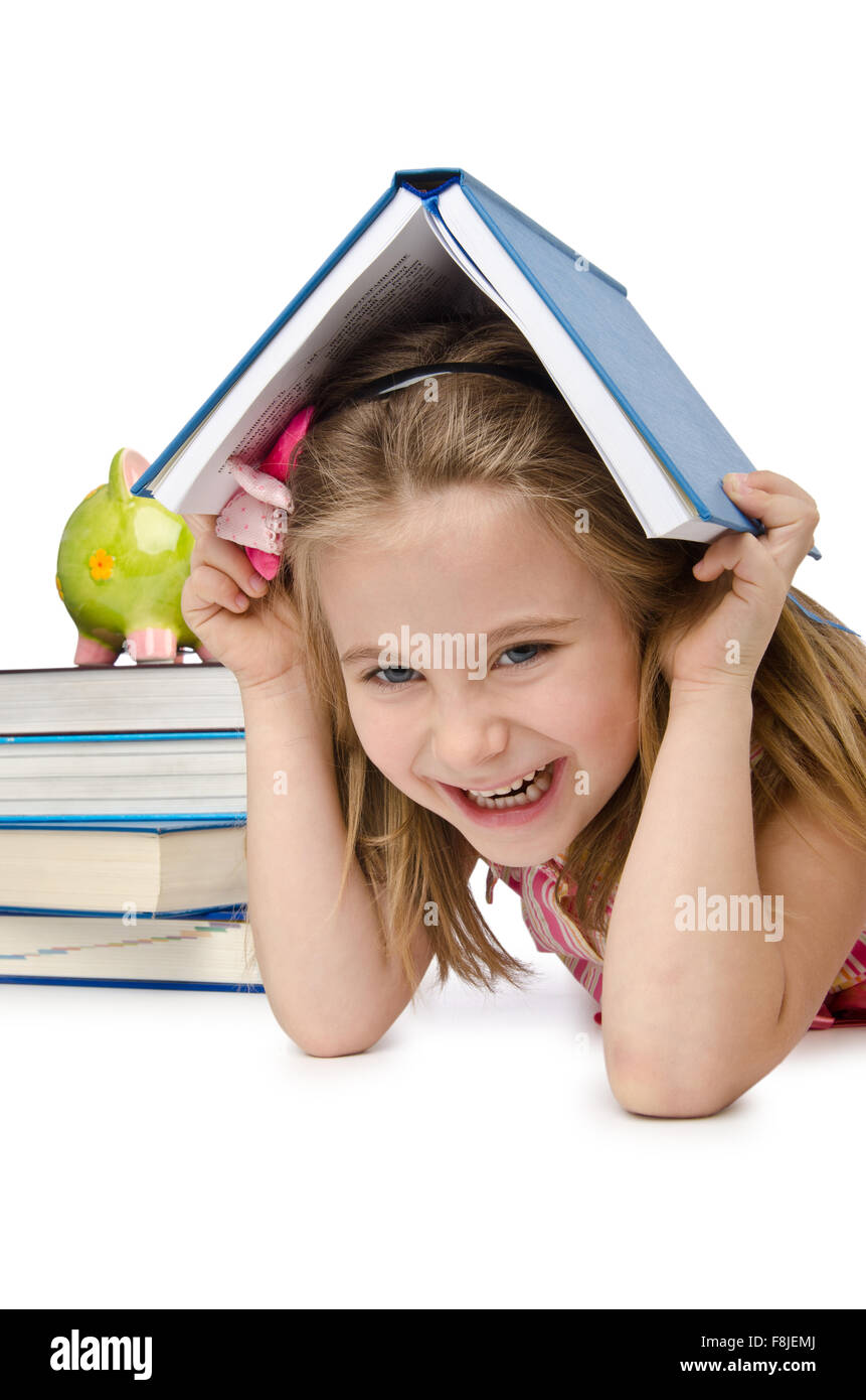 Little girl with books on white Stock Photo - Alamy