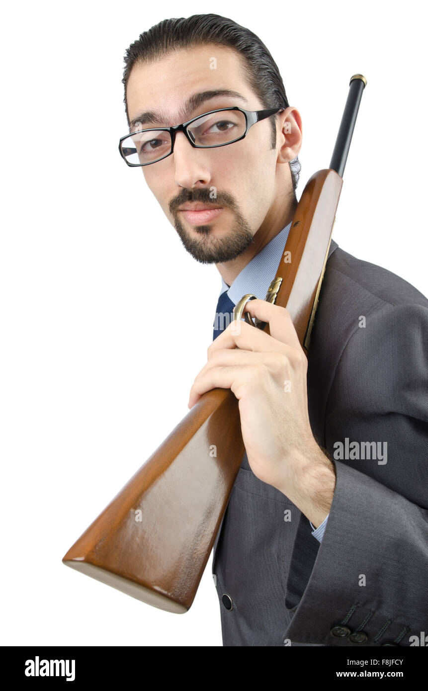 Businessman with gun isolated on white Stock Photo - Alamy