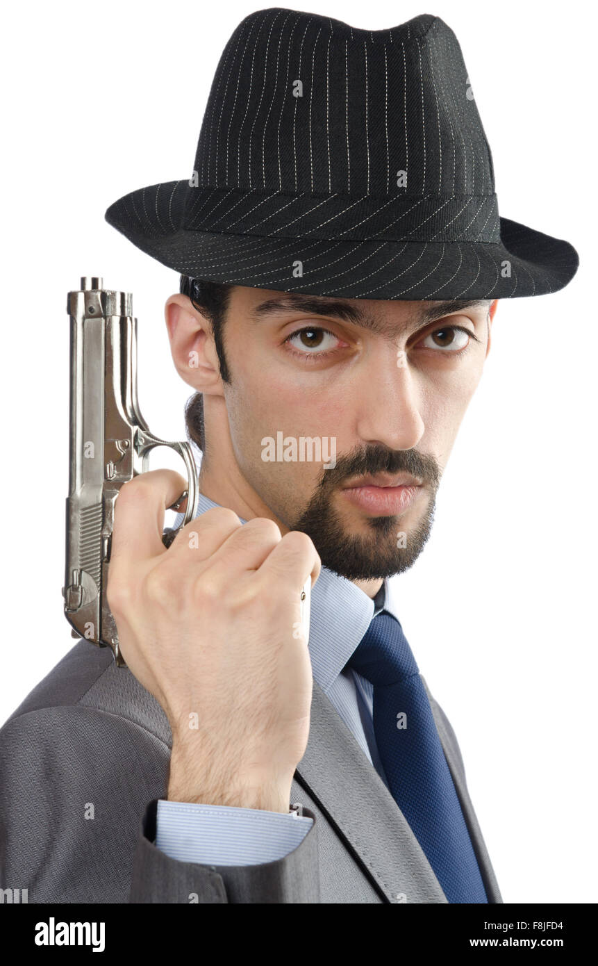 Man with gun isolated on white Stock Photo - Alamy