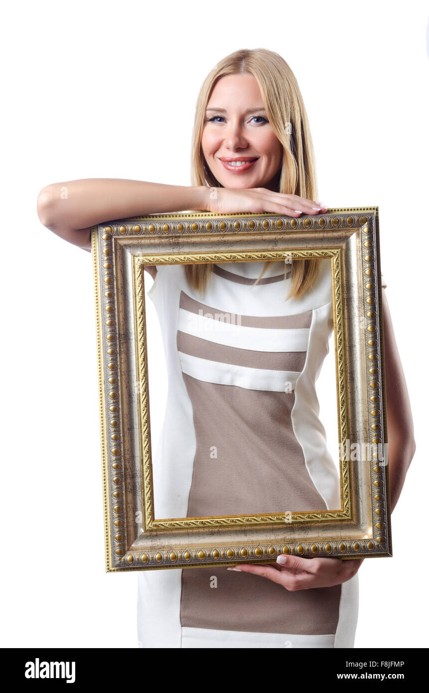 Young woman with picture frame on white Stock Photo - Alamy