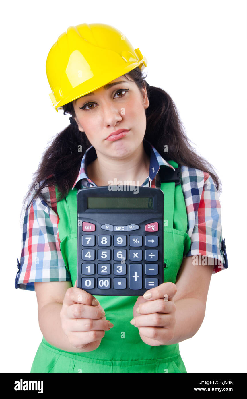 Woman builder with calculator on white Stock Photo - Alamy
