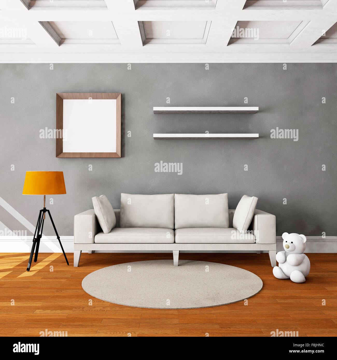 Living room interior with hardwood floor. 3D illustration Stock Photo ...