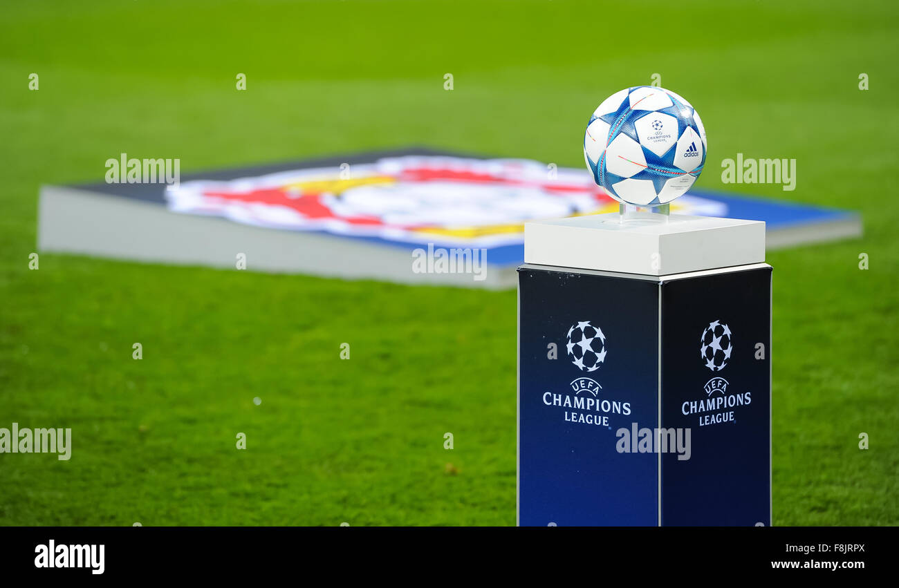 A soccer ball featuring the UEFA Champions League logo has been placed ...
