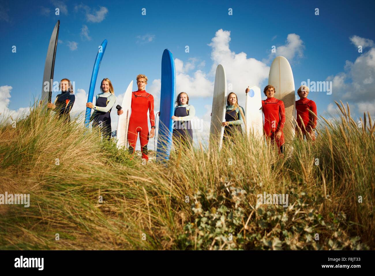 Portrait of group group of surfers standing on beach, holding ...