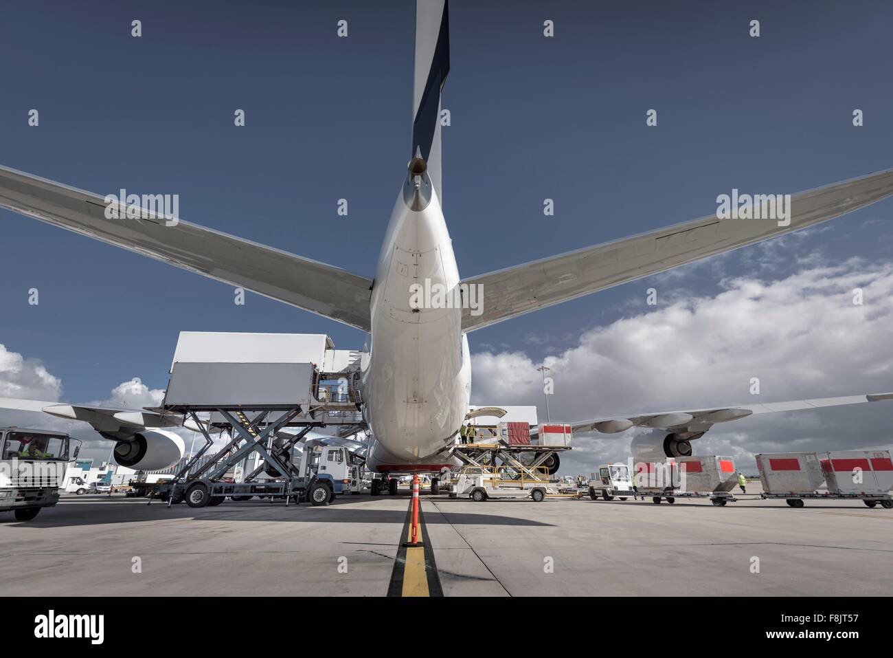 Rear view of A380 jet aircraft being loaded at airport Stock Photo - Alamy