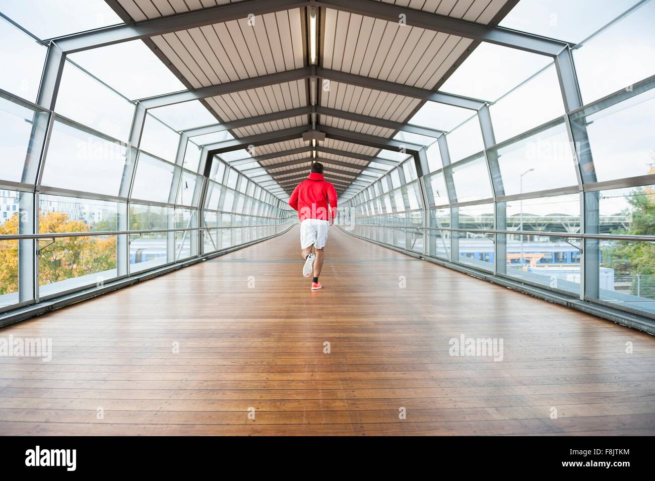 Rear view of young male runner running across footbridge Stock Photo ...