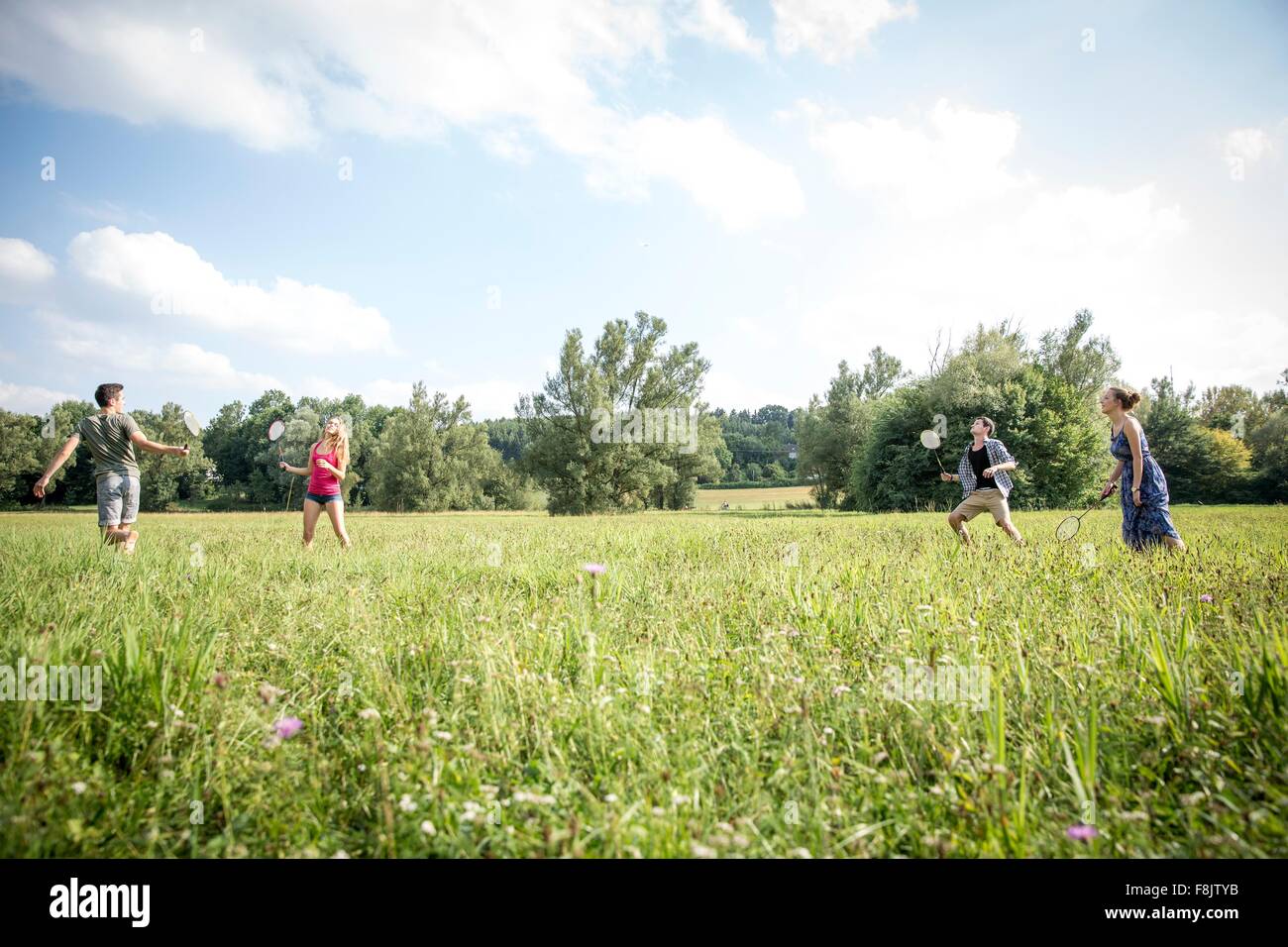 Group of young adults playing badminton in field Stock Photo - Alamy