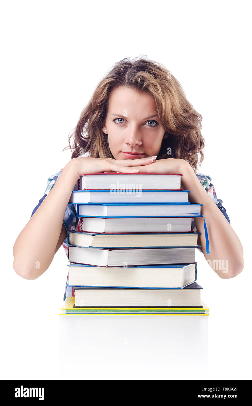 Student with lots of books on white Stock Photo - Alamy