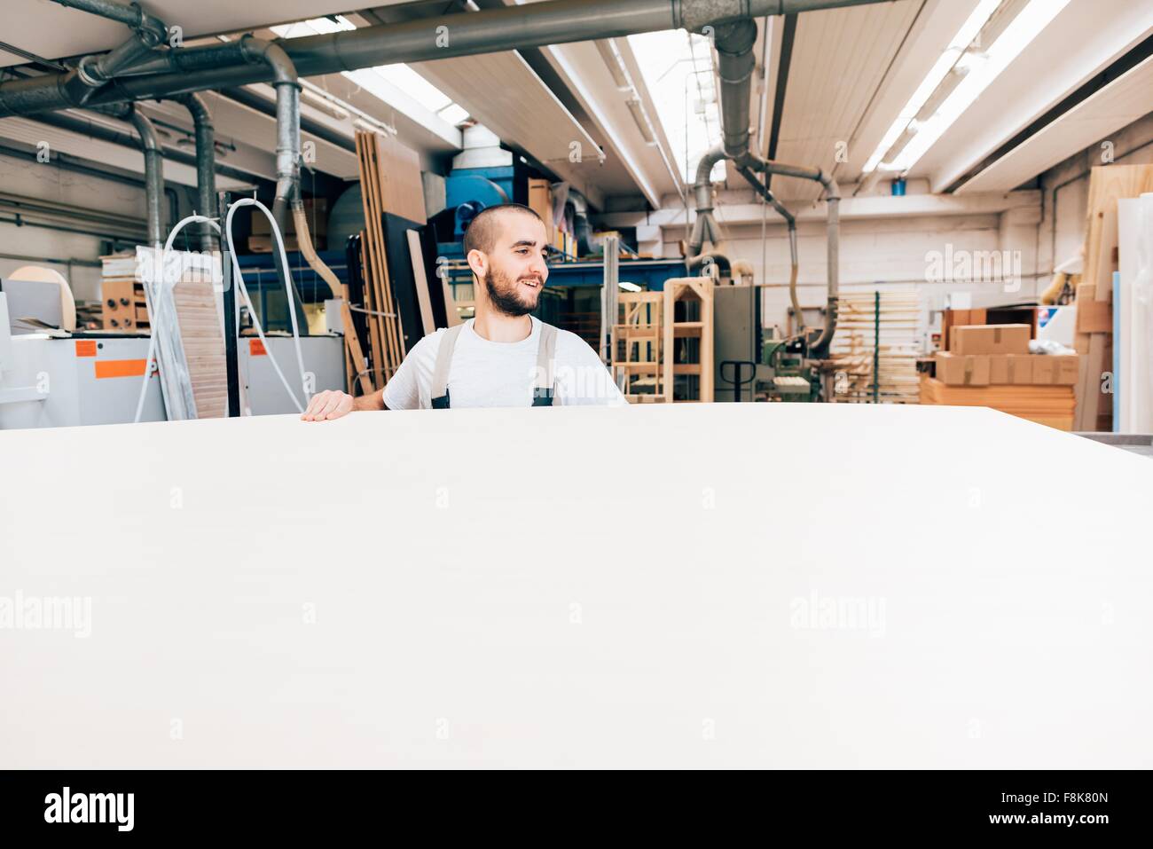 Carpenter with large sheet of wood in workshop Stock Photo - Alamy