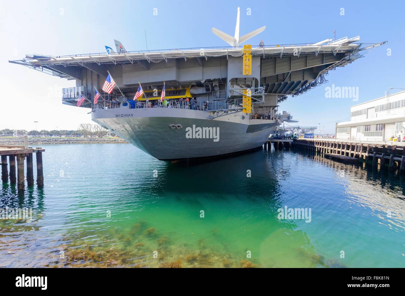 The historic aircraft carrier, USS Midway Museum moored in Broadway ...