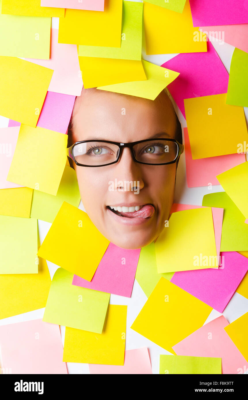 Woman with lots of reminder notes Stock Photo - Alamy
