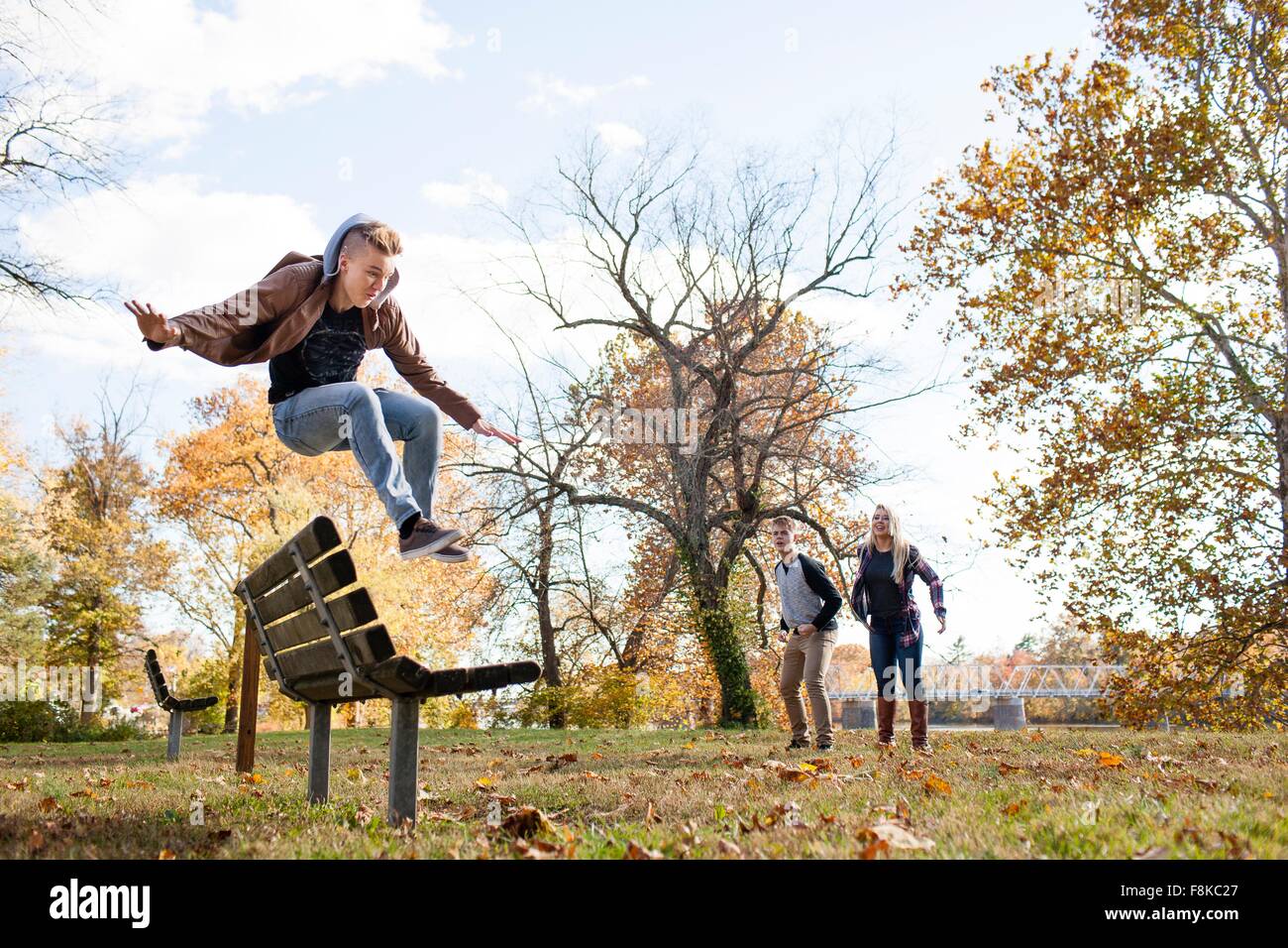Teenage boy jumping over park bench in autumn forest Stock Photo - Alamy