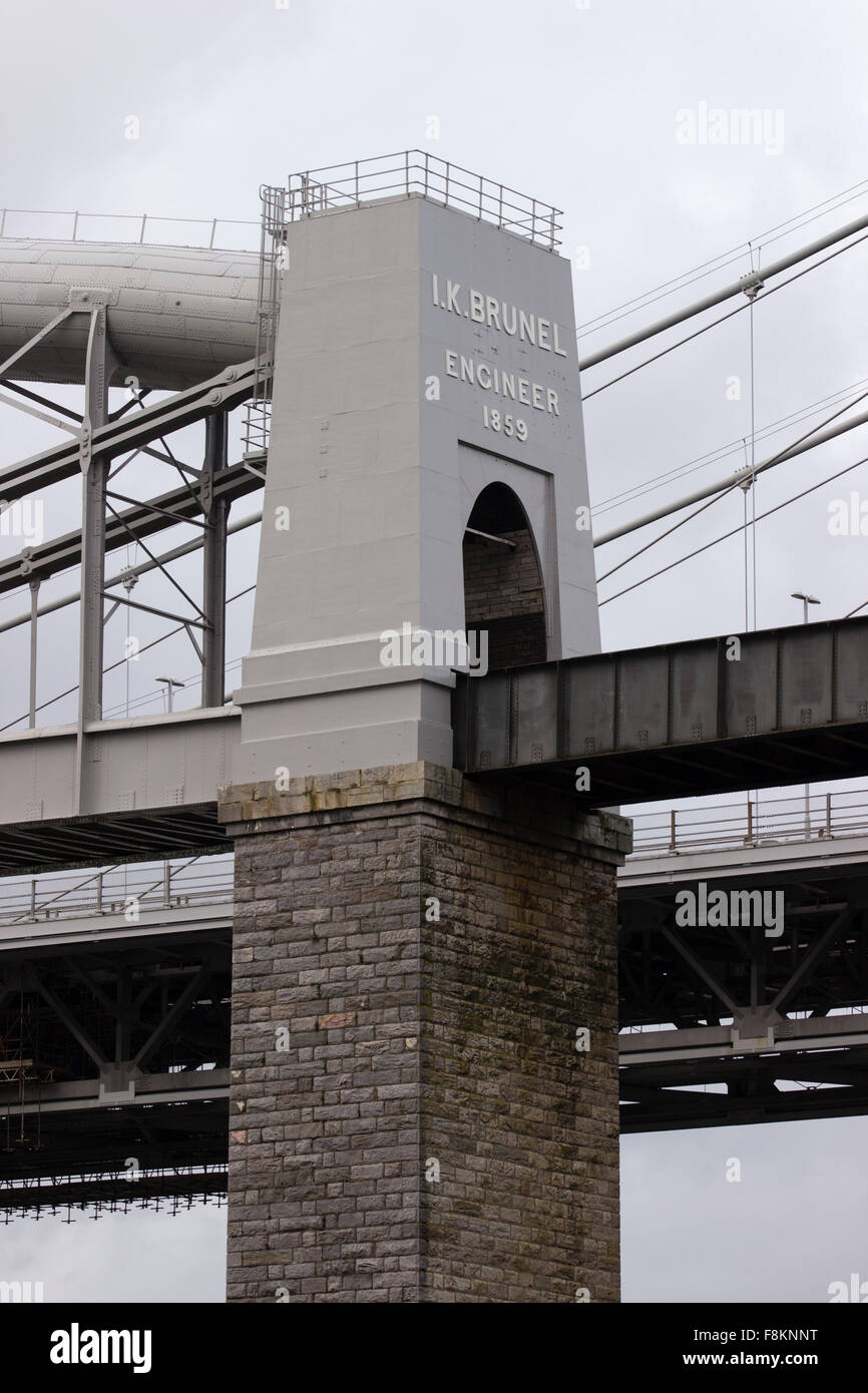 Plymouth side tower of the Tamar spanning Royal Albert rail bridge with ...