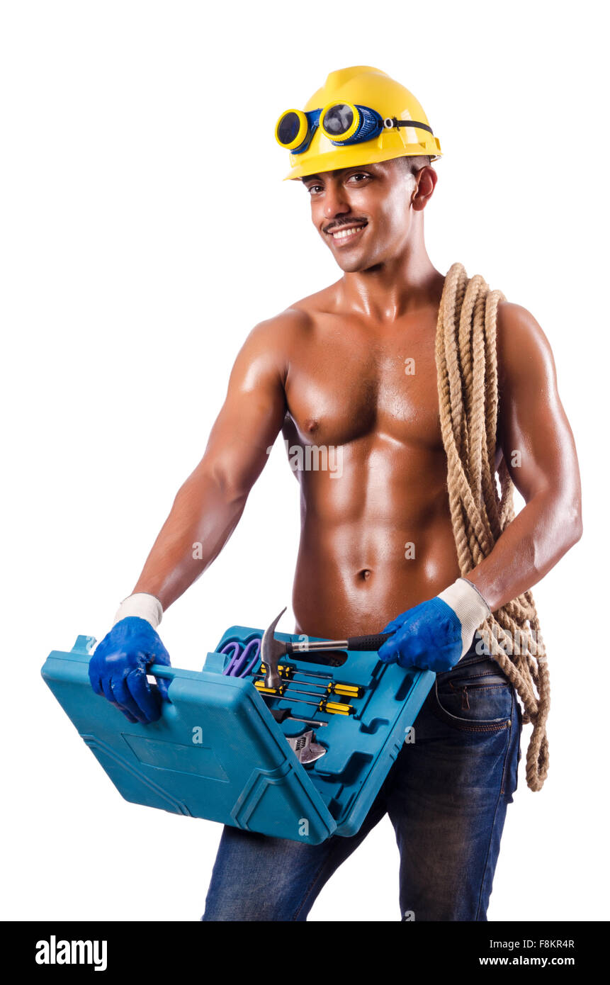 Muscular builder with tools isolated on white Stock Photo - Alamy