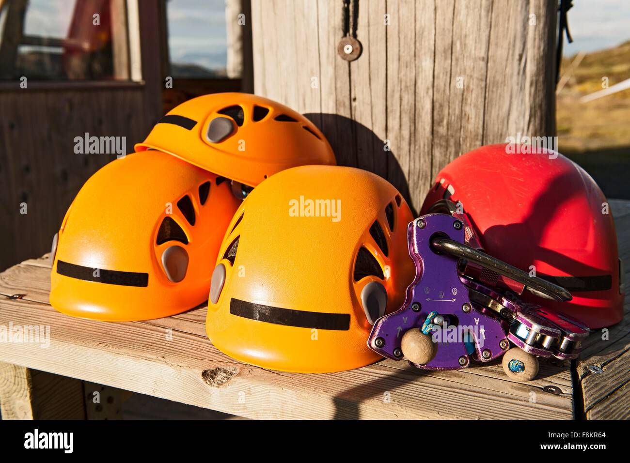 Helmets at high rope access course, Iceland Stock Photo - Alamy