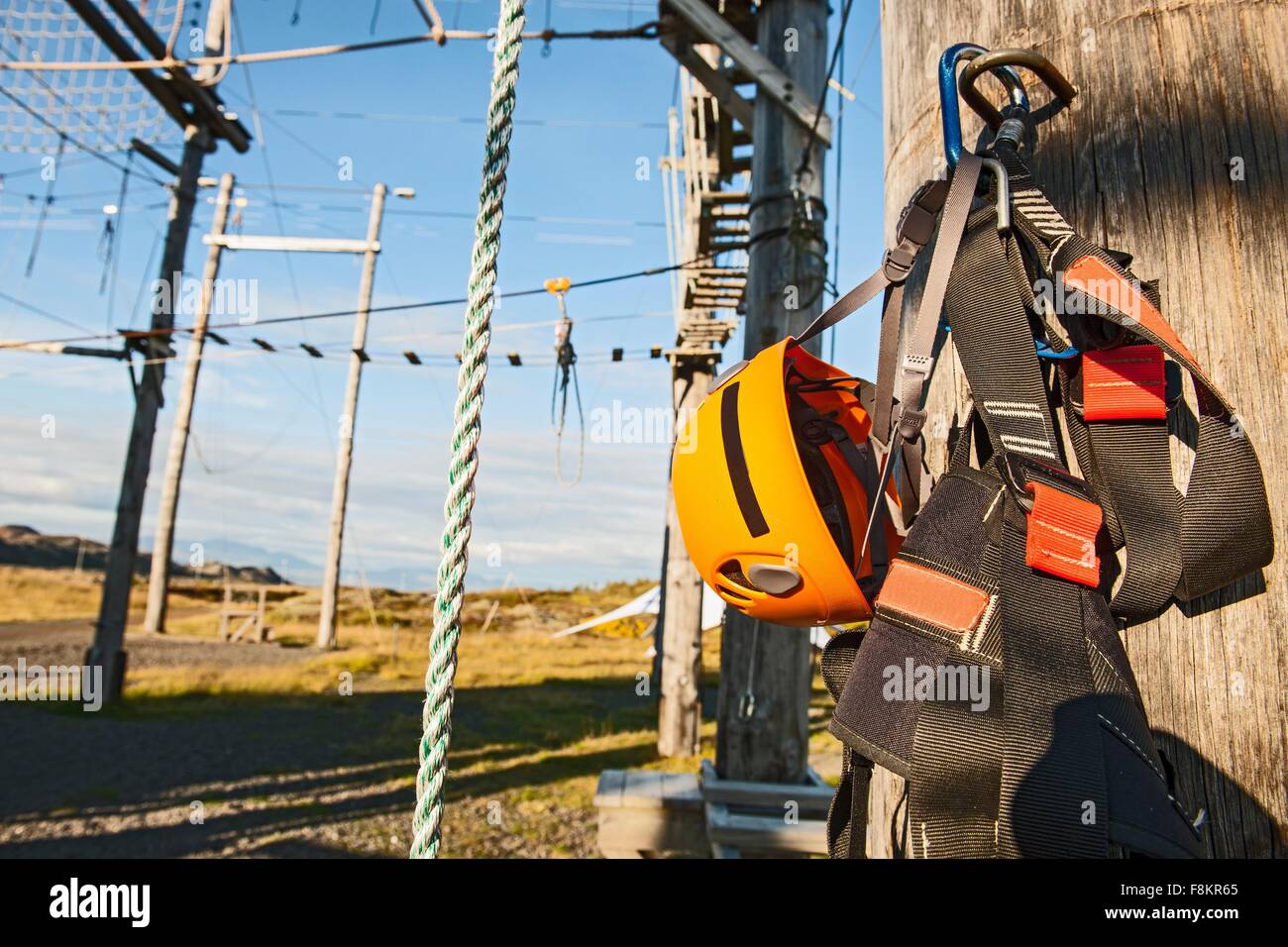 Helmet and safety harness at high rope access course, Iceland Stock ...
