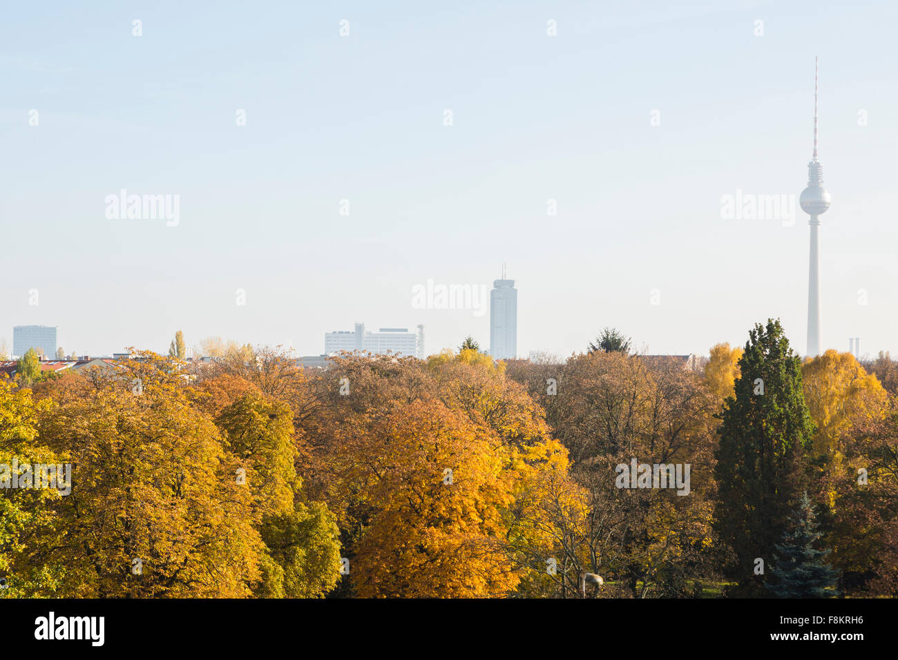 Berlin skyline featuring the Fernsehturm, TV Tower behind autumn trees ...