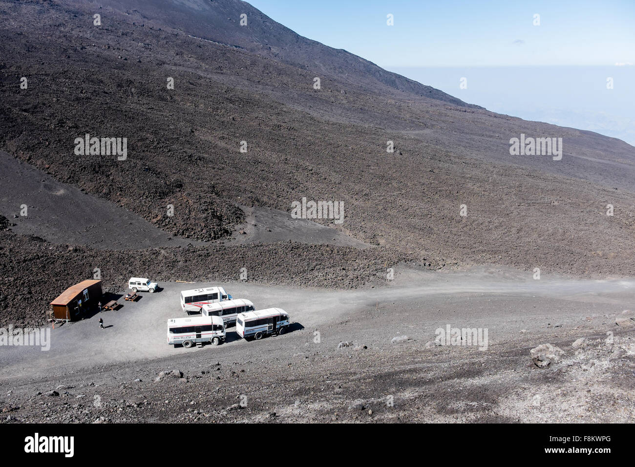 Landscape from one of the main crater on top of Mount Etna, a wooden ...