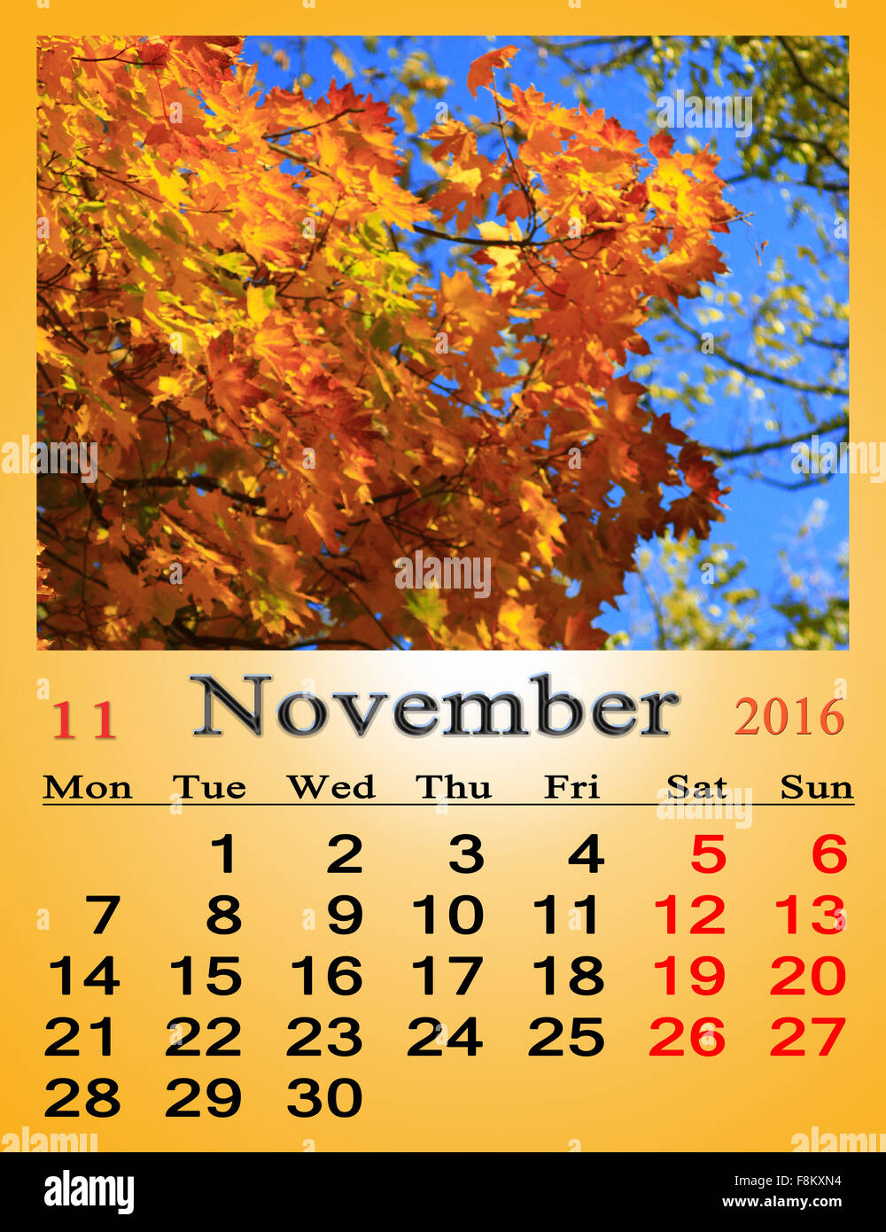 calendar for November 2016 with yellow leaves on the trees Stock Photo ...