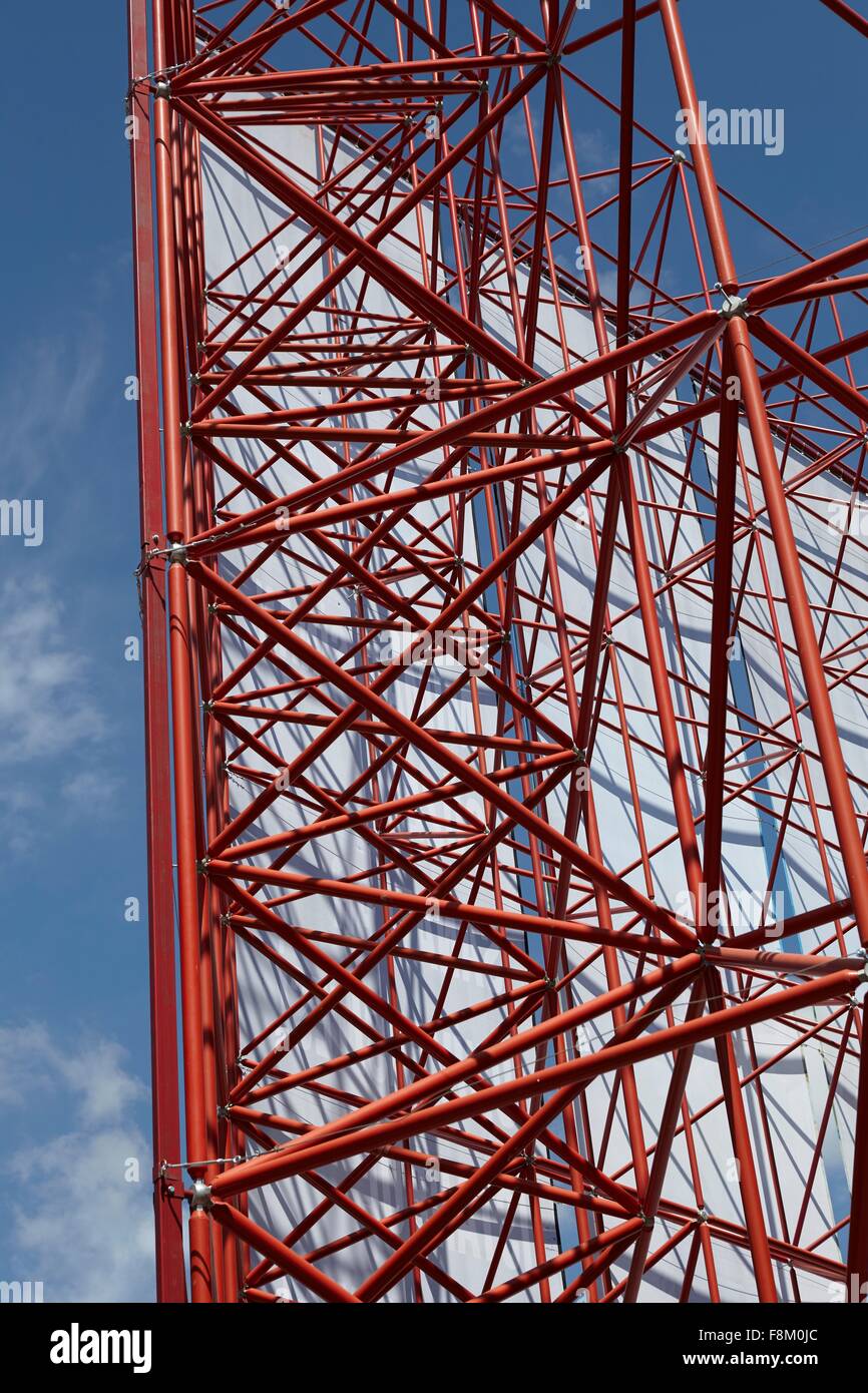Red framework structure with textile against blue sky Stock Photo - Alamy