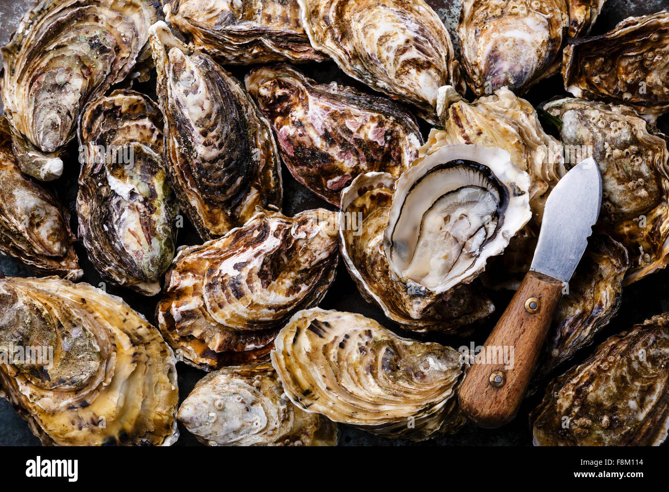 Open Oysters Fines de Claire with lemon and wine Stock Photo - Alamy