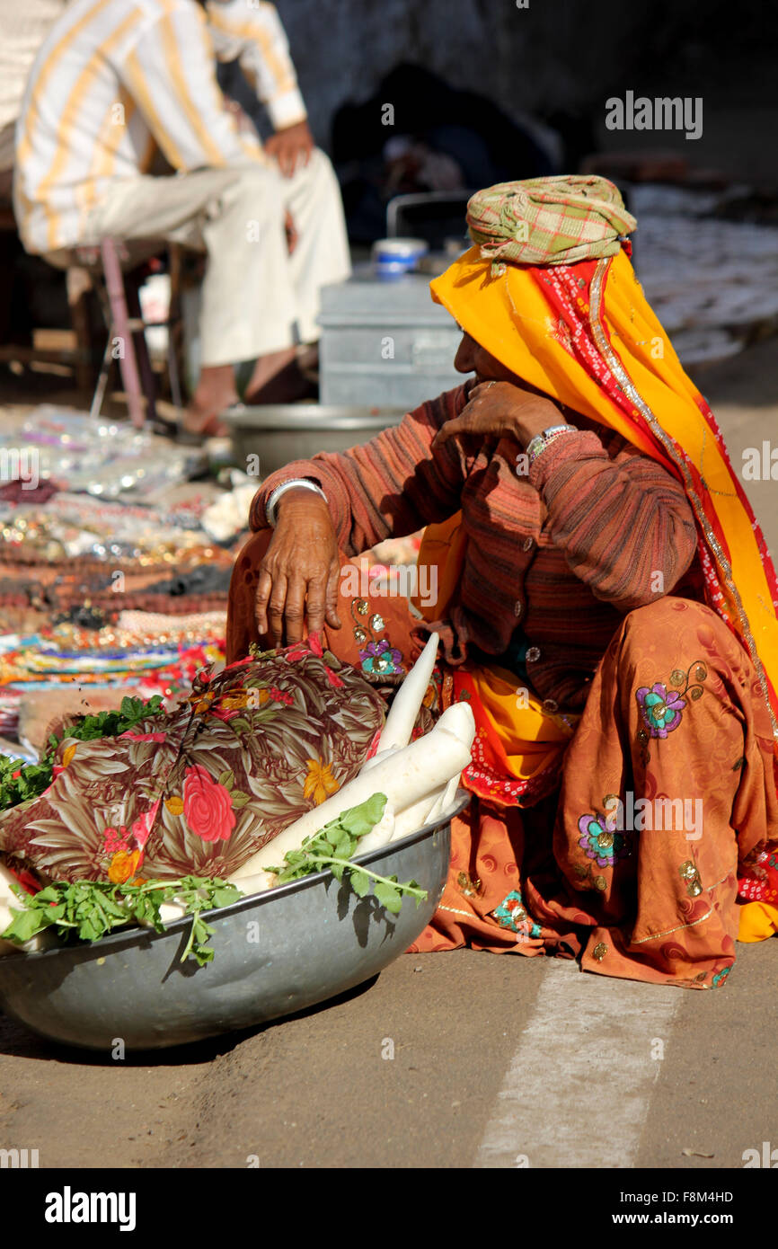 PUSHKAR, INDIA - NOV 29: Old Indian woman selling vegetables in the street of Pushkar with a ...