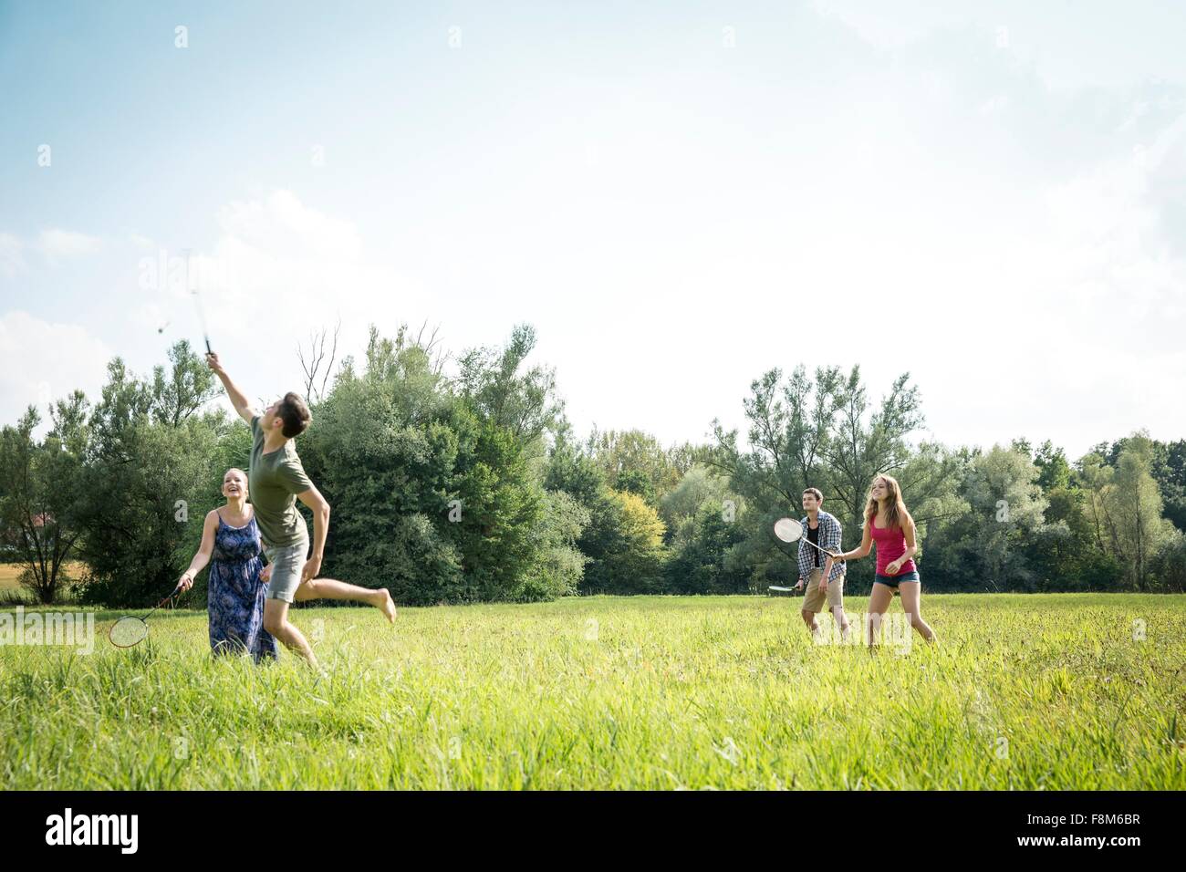 Group of young adults playing badminton in field Stock Photo - Alamy