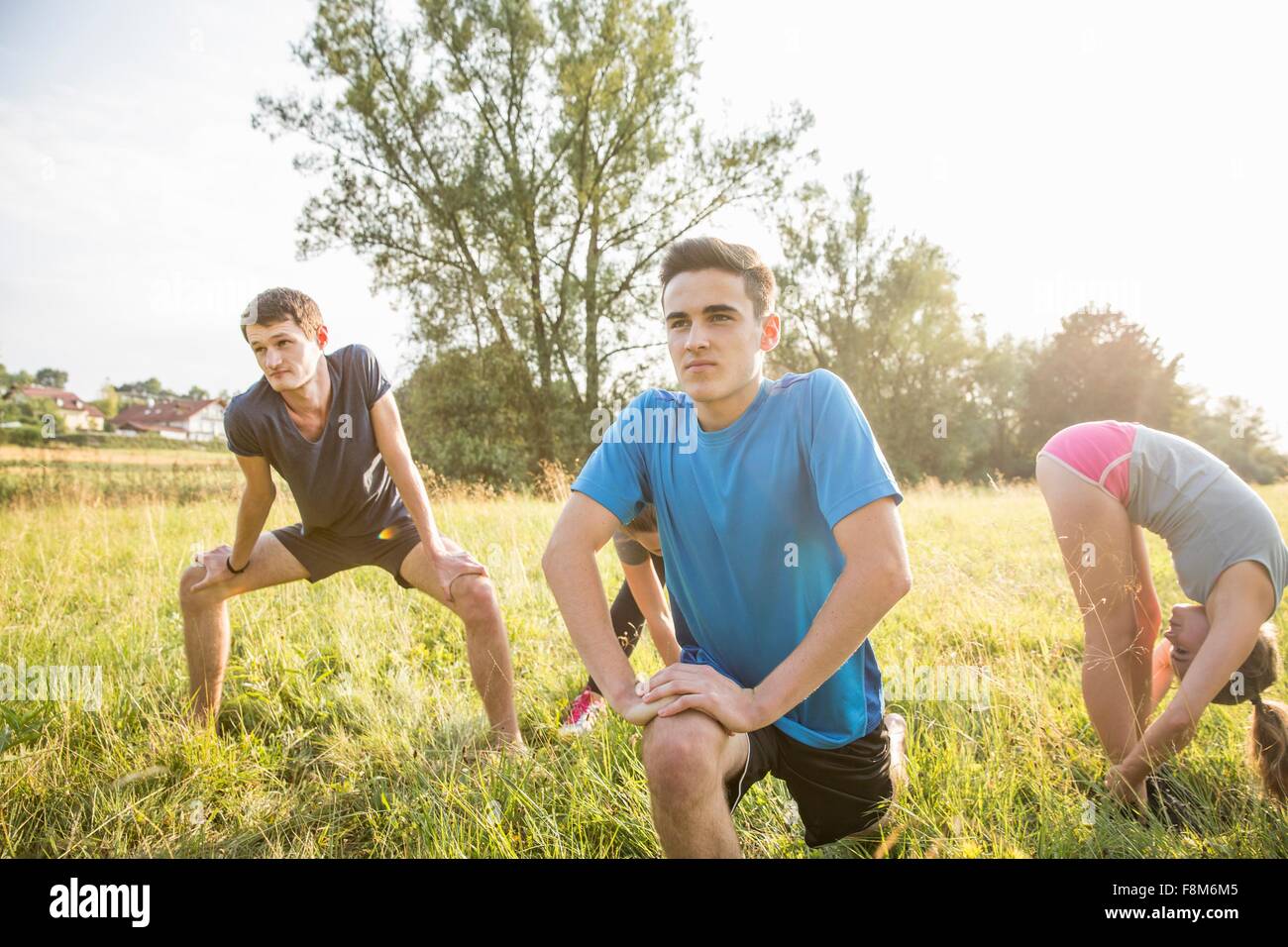 Group of friends exercising in field Stock Photo - Alamy