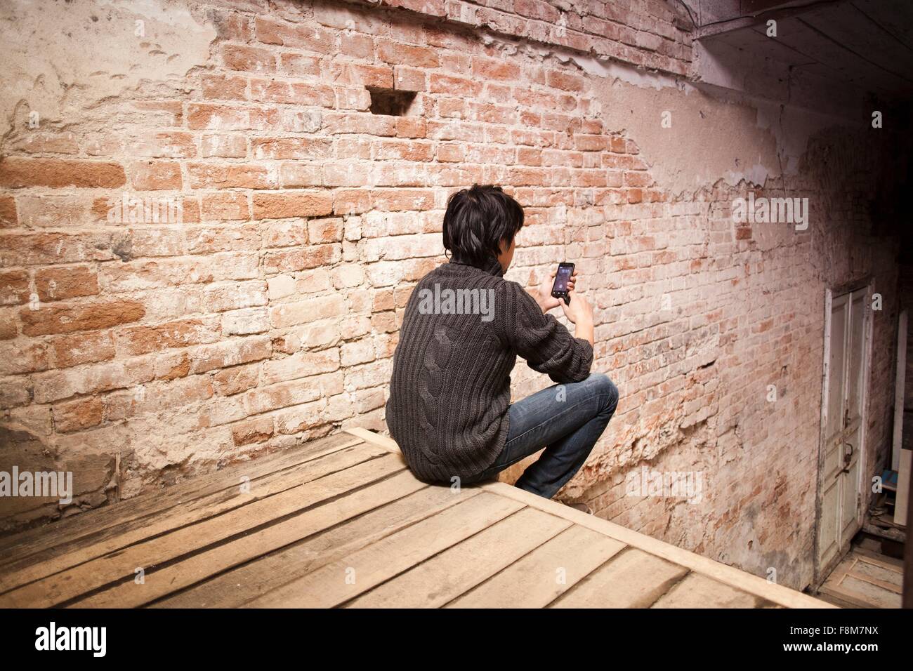 Mid adult man sitting on step using smartphone, rear view Stock Photo ...