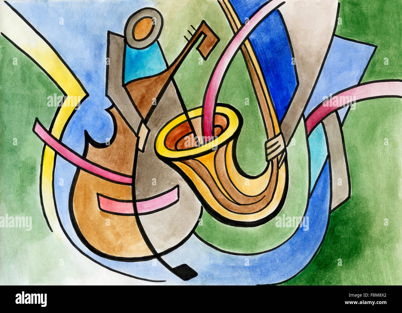 Abstract handmade artwork containing stylized images of saxophone and ...