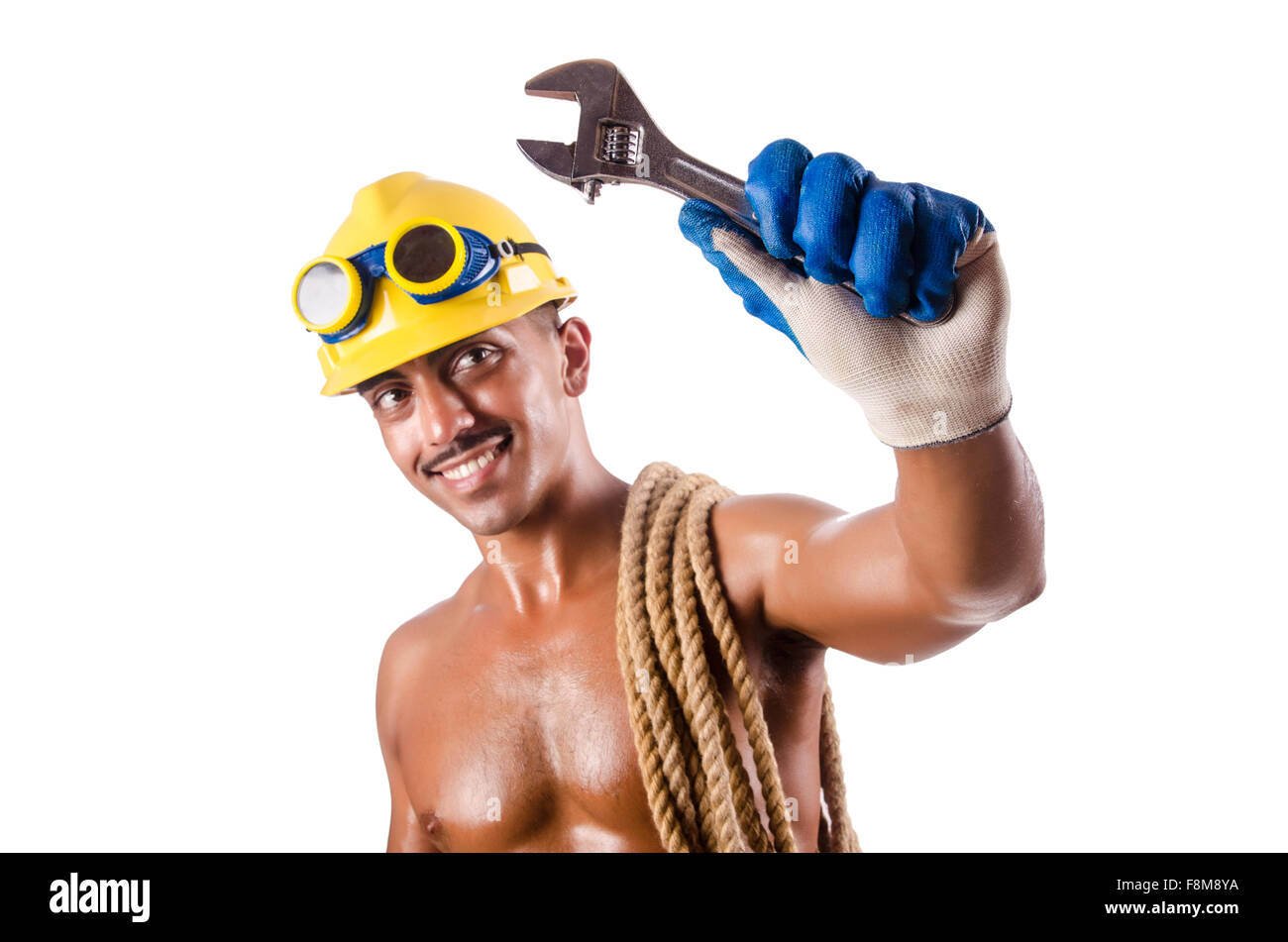 Muscular builder with tools isolated on white Stock Photo - Alamy