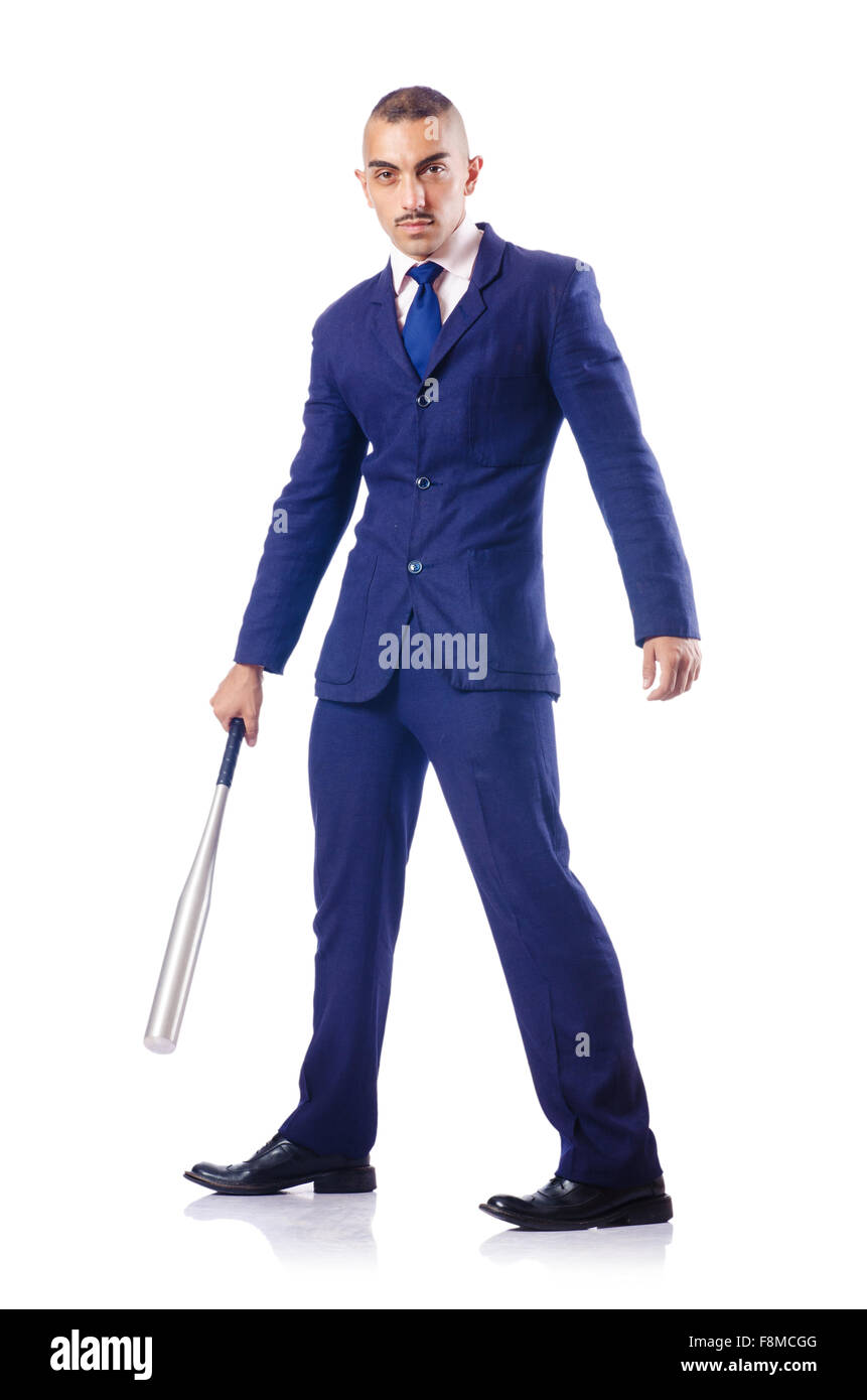 Handsome businessman with bat on white Stock Photo - Alamy