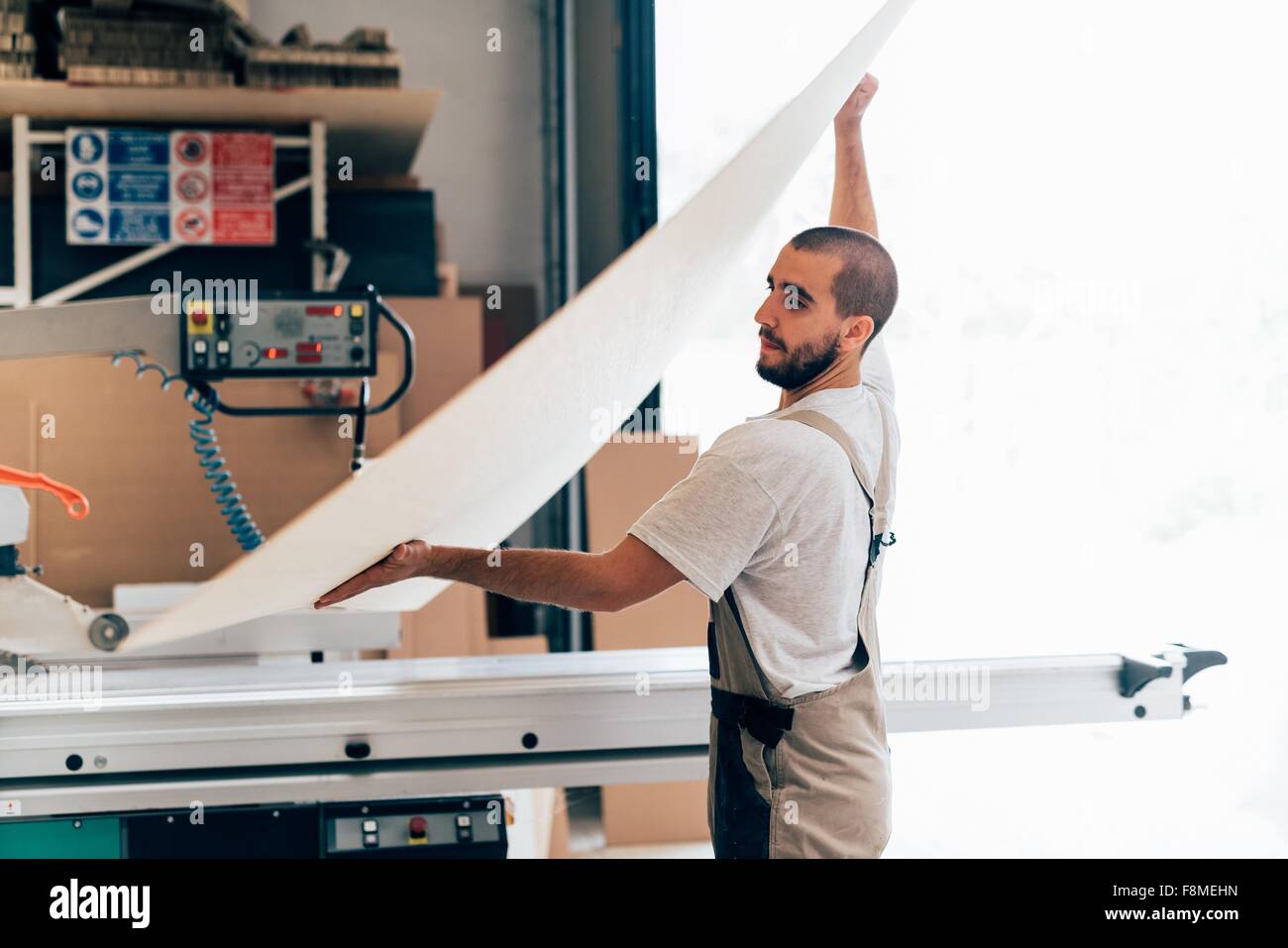 Carpenter with sheet of plywood Stock Photo - Alamy