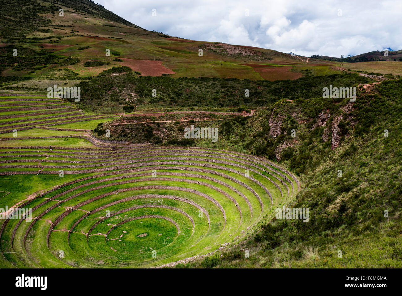 Inca circular terraces in Moray, in the Sacred Valley, Peru. Moray is ...