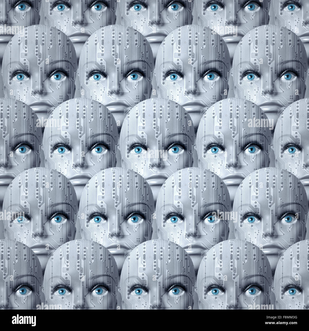 Identical cyborg heads with blue human eyes Stock Photo - Alamy
