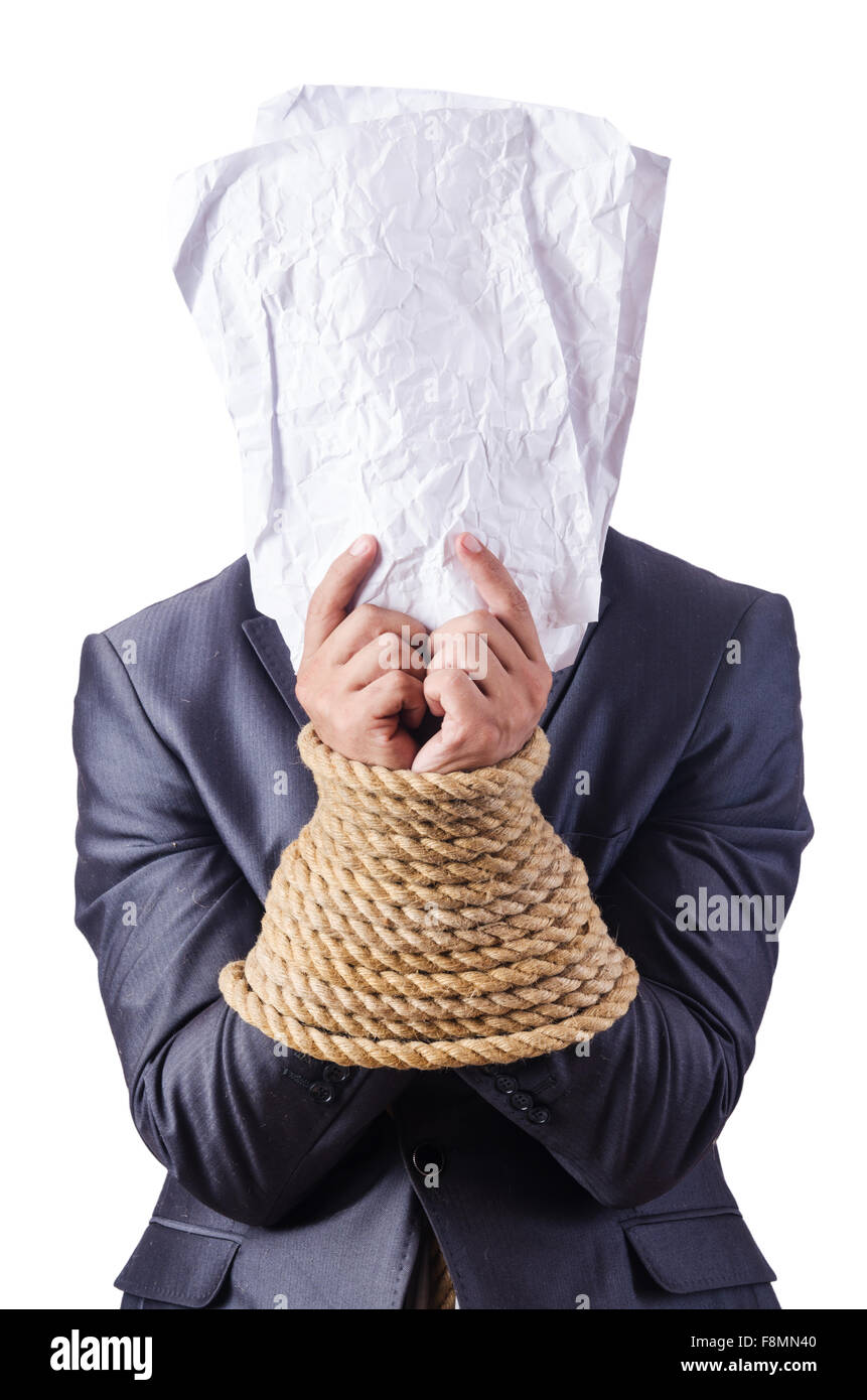 Businessman tied up with rope Stock Photo - Alamy