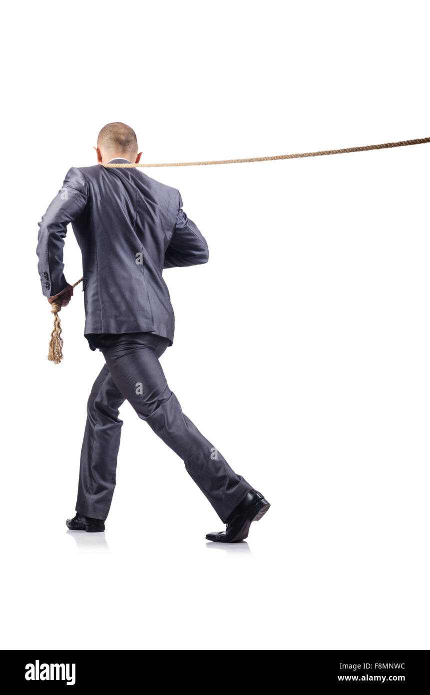 Man pulling the rope on white Stock Photo - Alamy