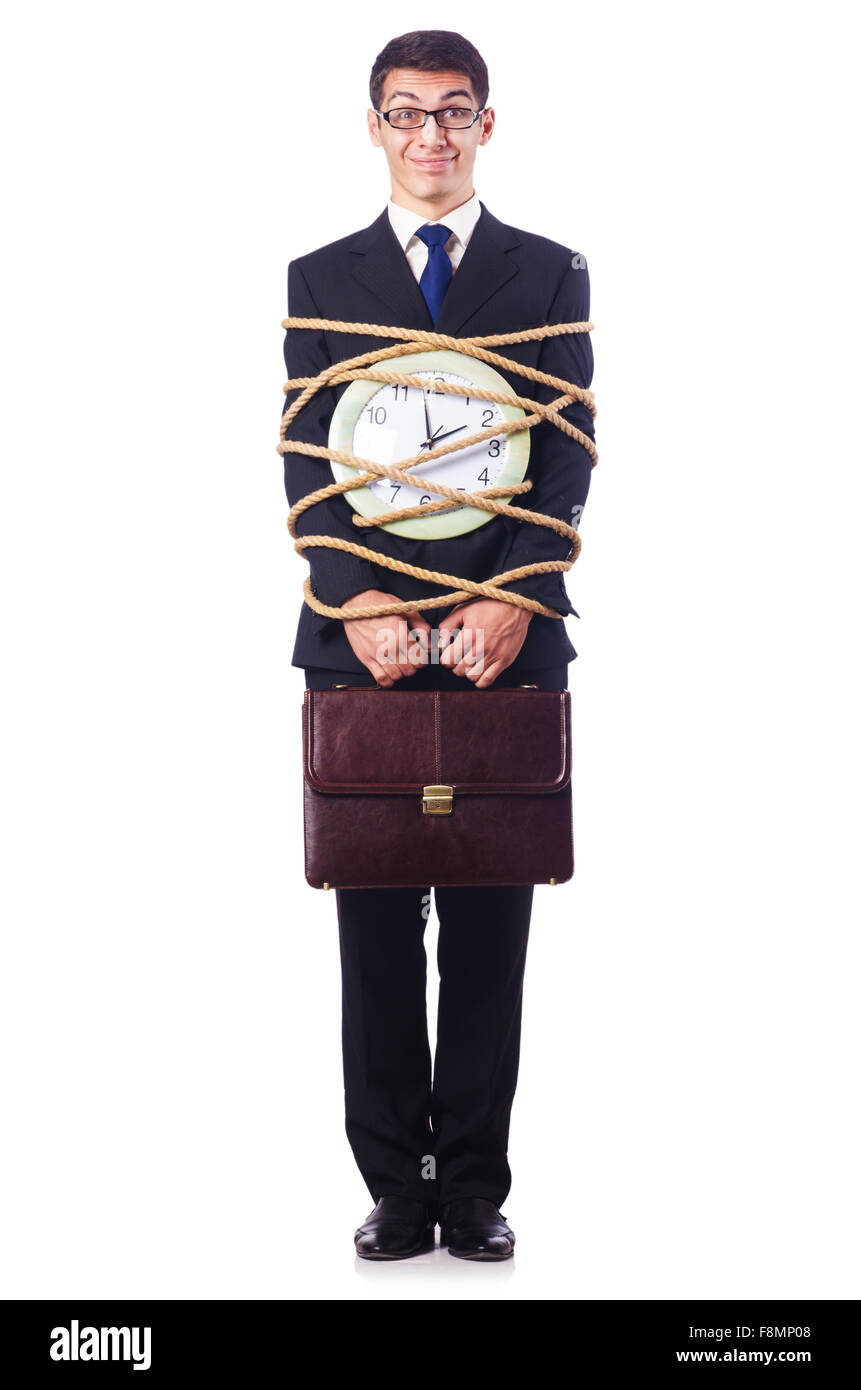 Businessman tied up with rope on white Stock Photo - Alamy