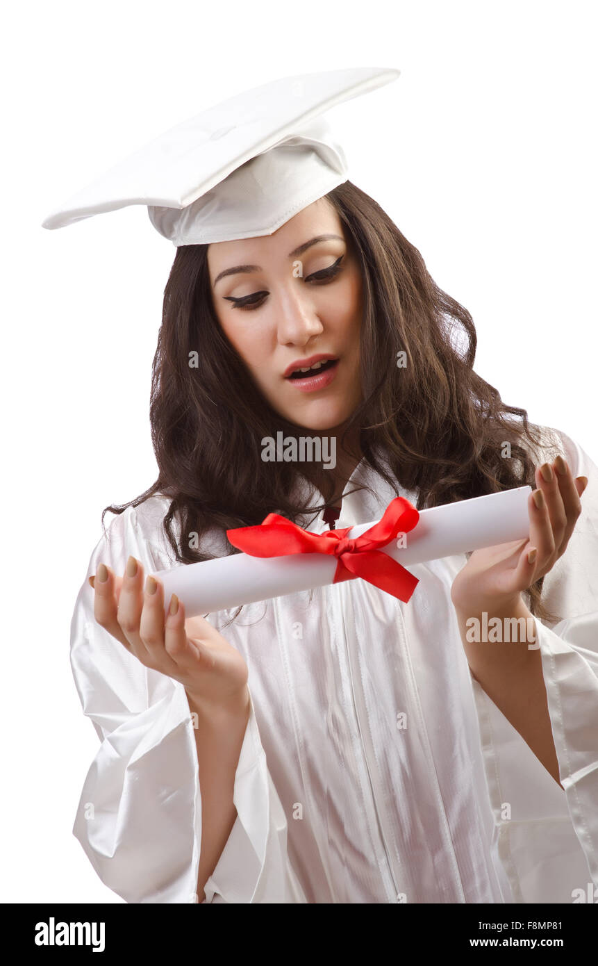 Happy graduate on white background Stock Photo - Alamy