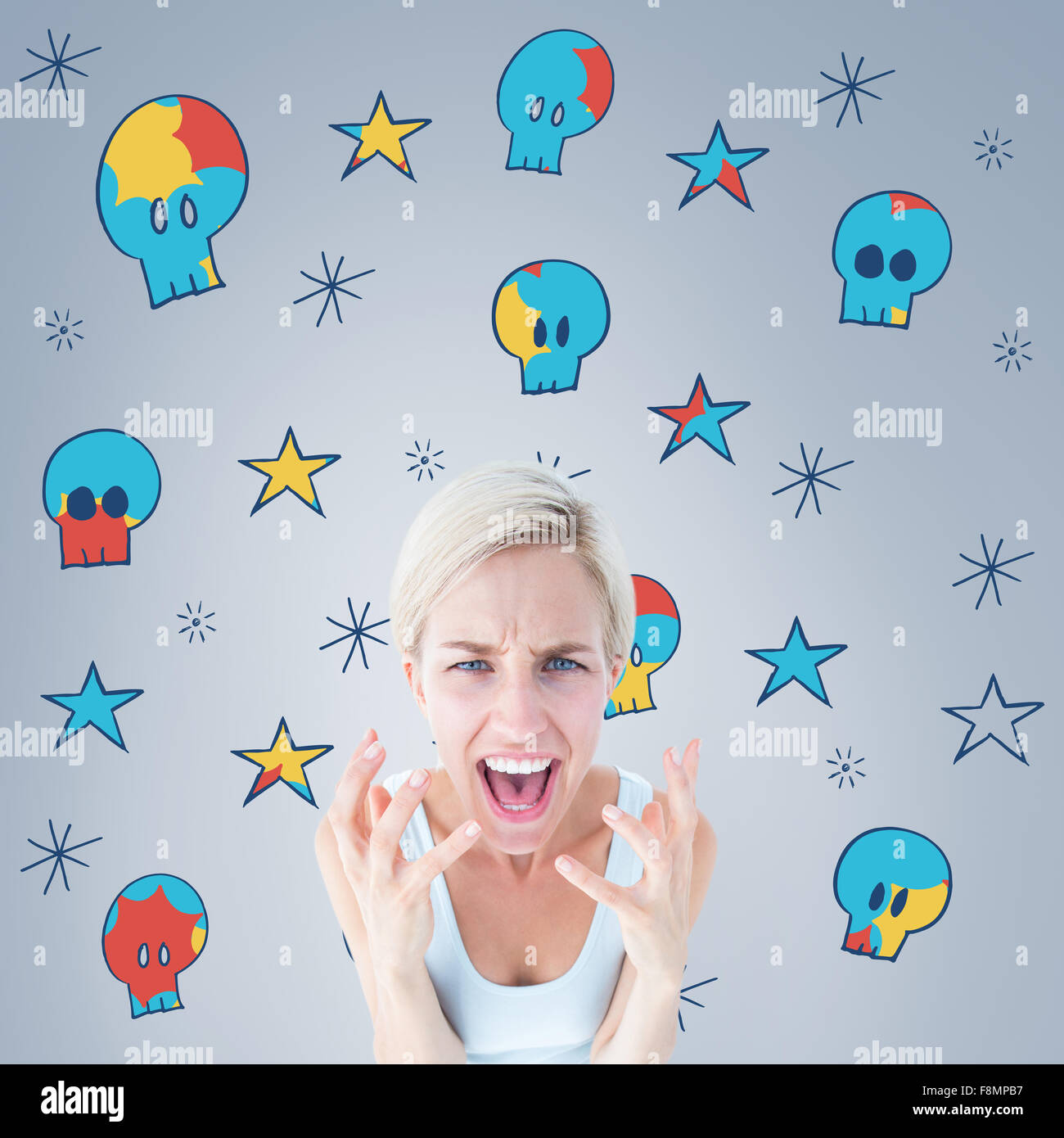 Composite image of upset woman yelling with hands up Stock Photo - Alamy