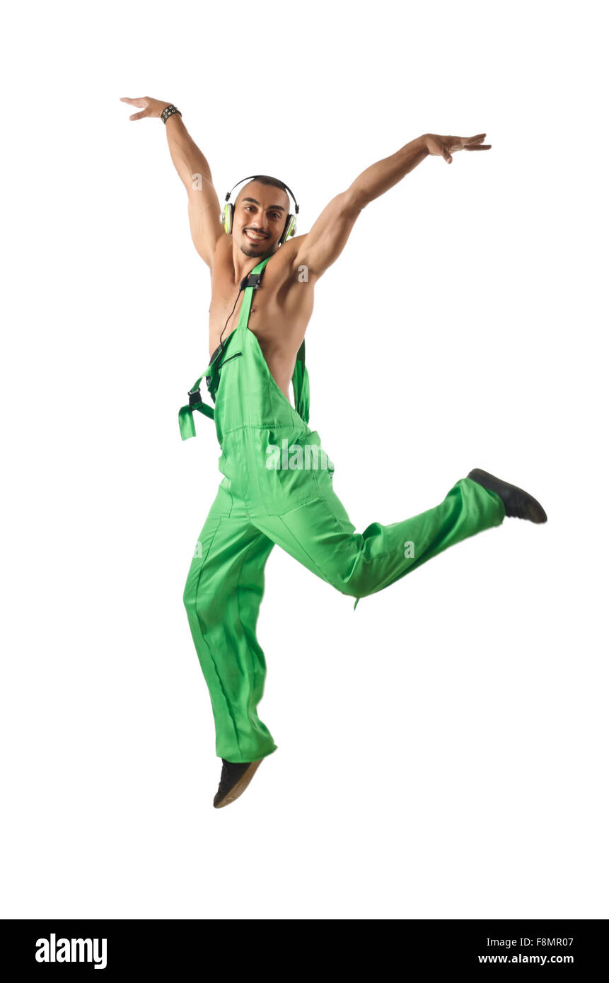 Construction worker jumping and dancing Stock Photo - Alamy