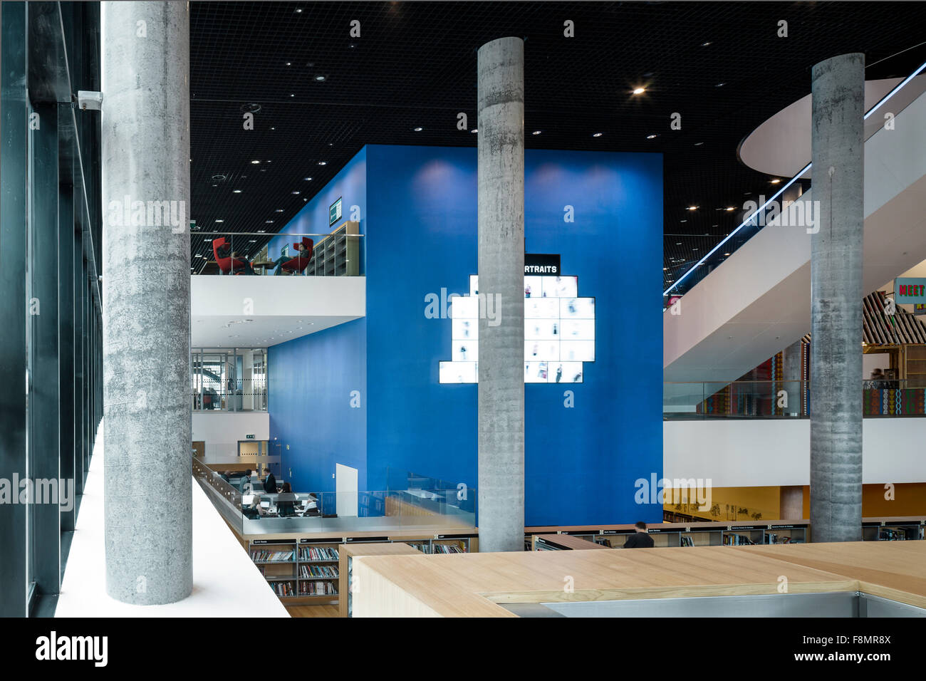 Birmingham Library. Close up view of the columns in the library. Blue ...